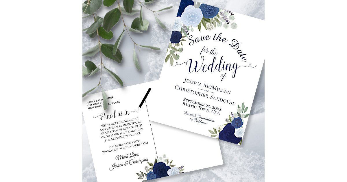 Elegant Navy & Blue Roses Wedding Save the Date Announcement Postcard ...