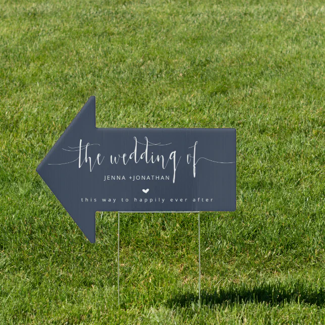 Elegant Navy Blue Script Wedding Direction Arrow Sign | Zazzle