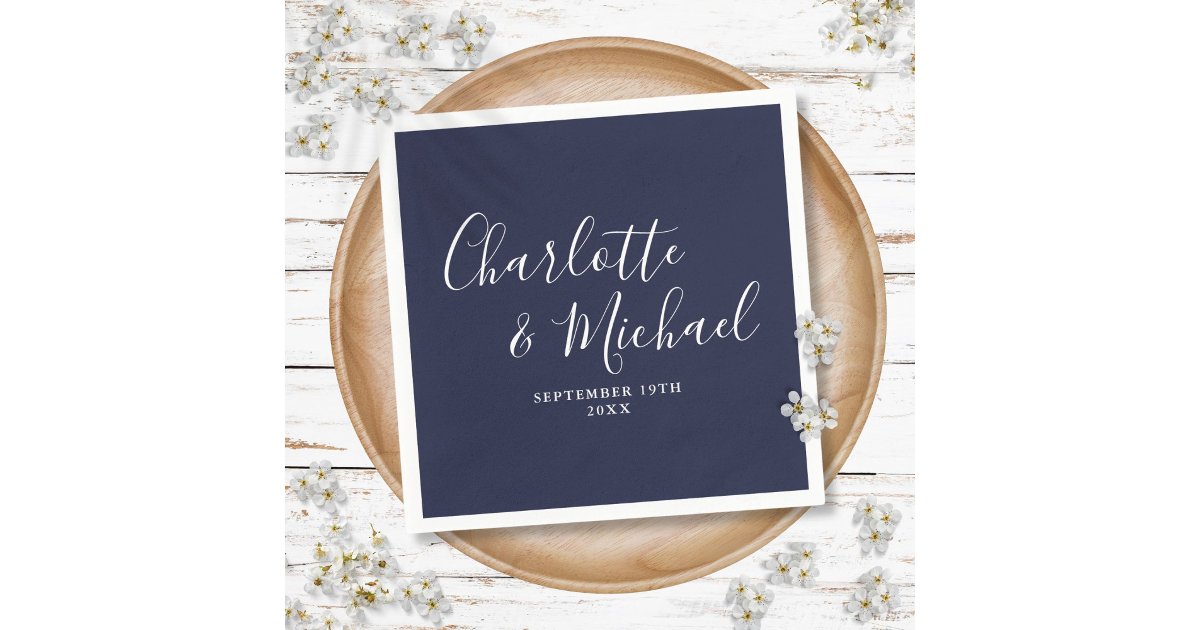 Elegant Navy Blue Signature Wedding Napkins | Zazzle