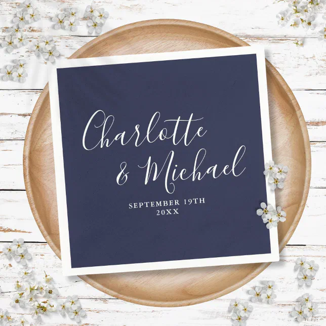 Elegant Navy Blue Signature Wedding Napkins | Zazzle