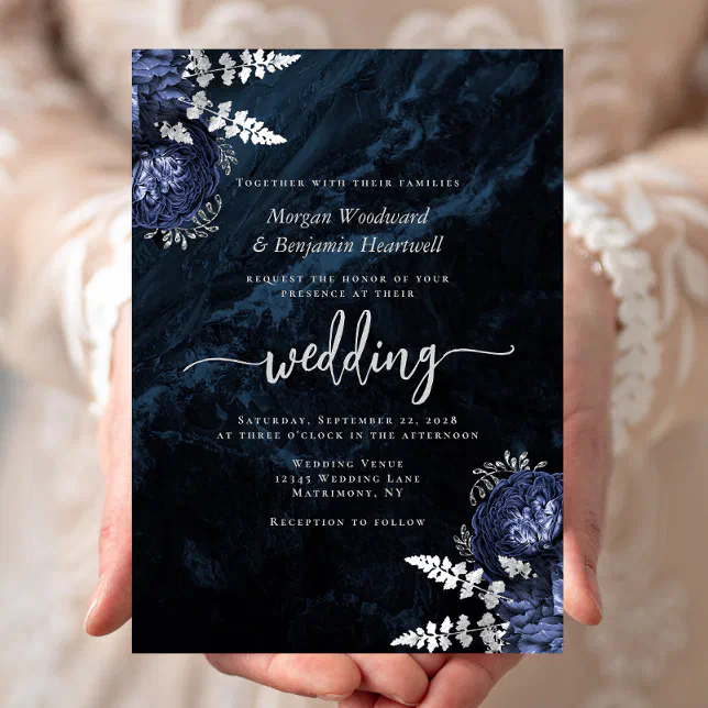 Elegant Navy Blue Silver Floral Wedding Invitation | Zazzle