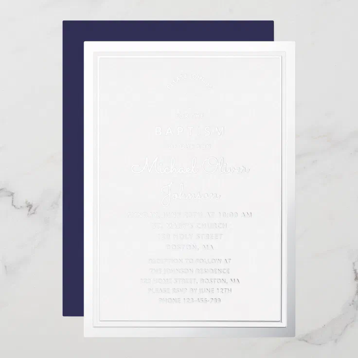 Elegant Navy Blue Silver Script Religious Baptism Foil Invitation | Zazzle
