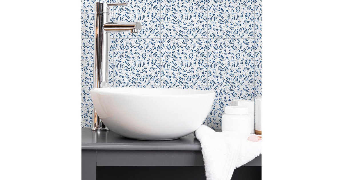 Elegant Navy Blue Simple Botanical Pattern White Ceramic Tile | Zazzle
