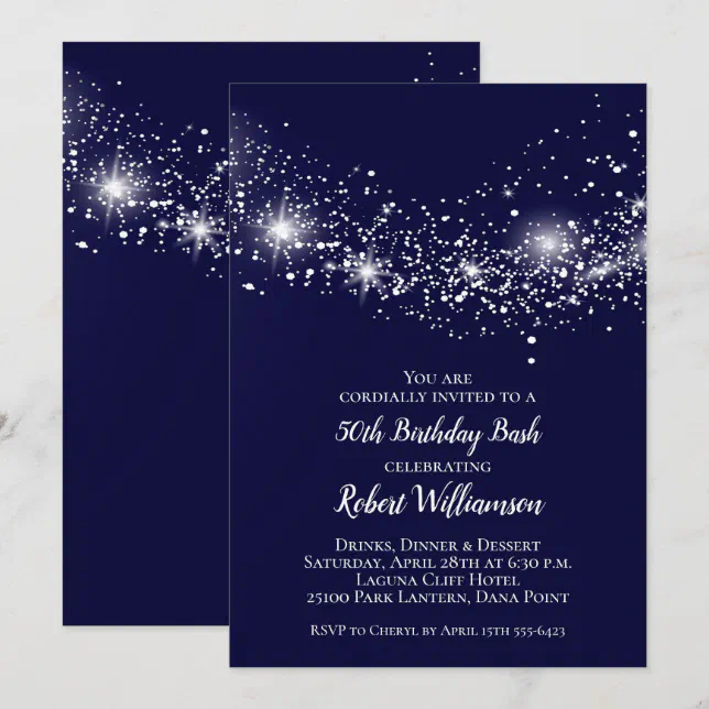 Elegant Navy Blue Sky and Stars Birthday Invitation | Zazzle