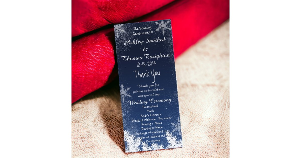 Elegant Navy Blue Snowflake Winter Wedding Program | Zazzle