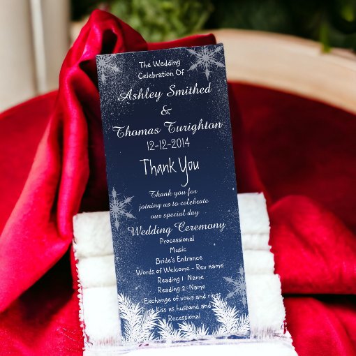 Elegant Navy Blue Snowflake Winter Wedding Program | Zazzle