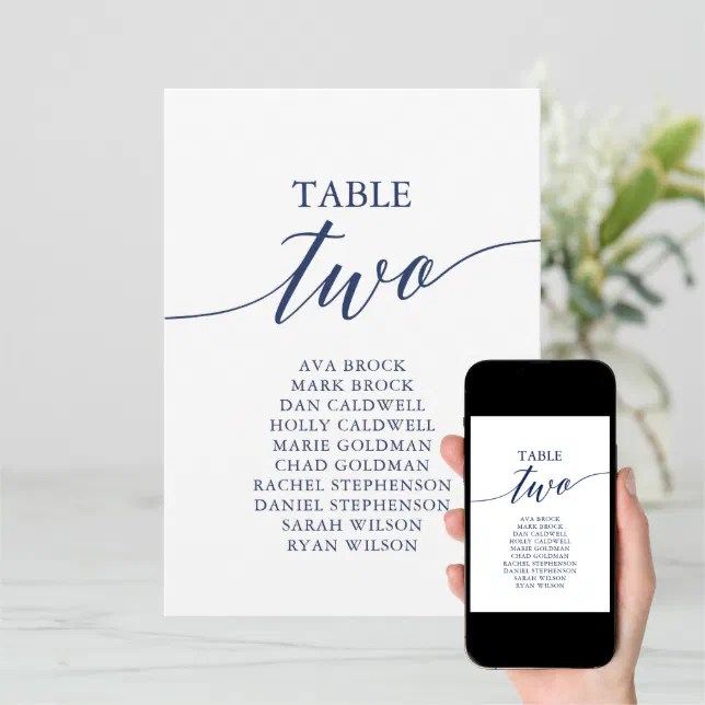 Elegant Navy Blue Table Number 2 Seating Chart | Zazzle