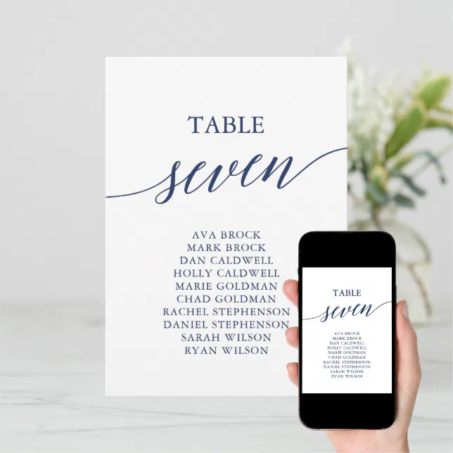 Elegant Navy Blue Table Number 7 Seating Chart | Zazzle