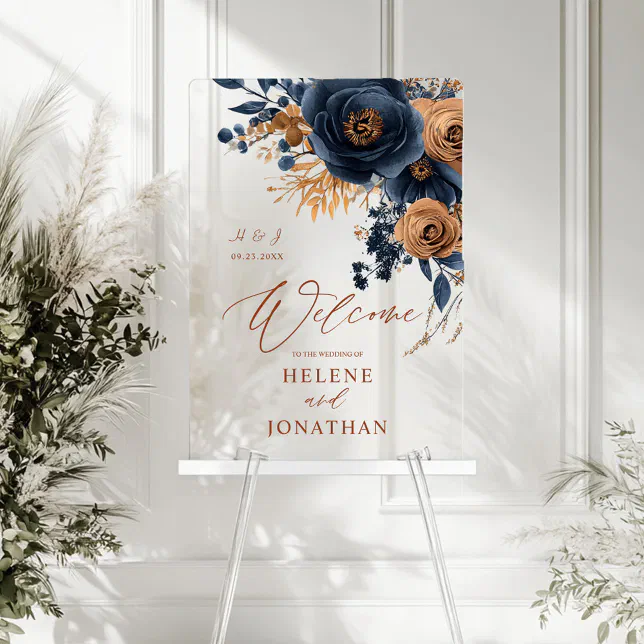 Elegant Navy Blue Terracotta Wedding Welcome Acrylic Sign | Zazzle