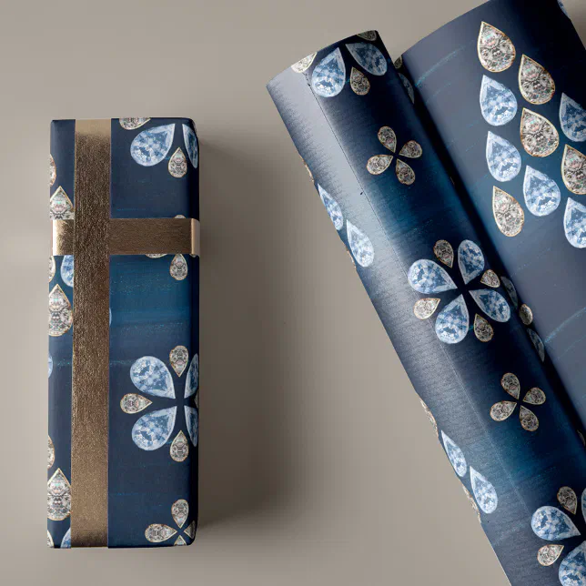 Elegant Navy Blue Watercolor Jewels Christmas tree Wrapping Paper | Zazzle