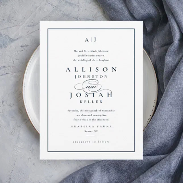 Elegant Navy Blue Wedding Invitation | Zazzle