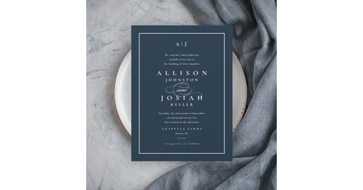 Elegant Navy Blue Wedding Invitation | Zazzle
