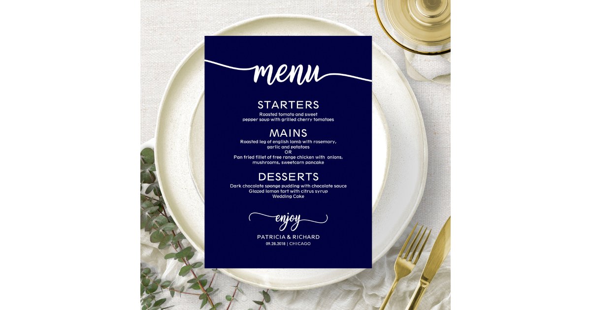 Elegant Navy Blue Wedding Menu Card | Zazzle