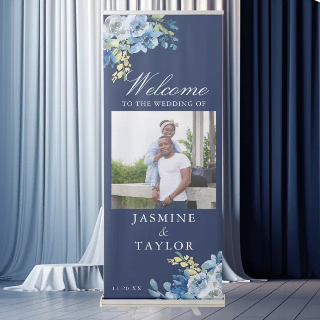 Elegant Navy Blue White Floral Photo Wedding Retractable Banner | Zazzle