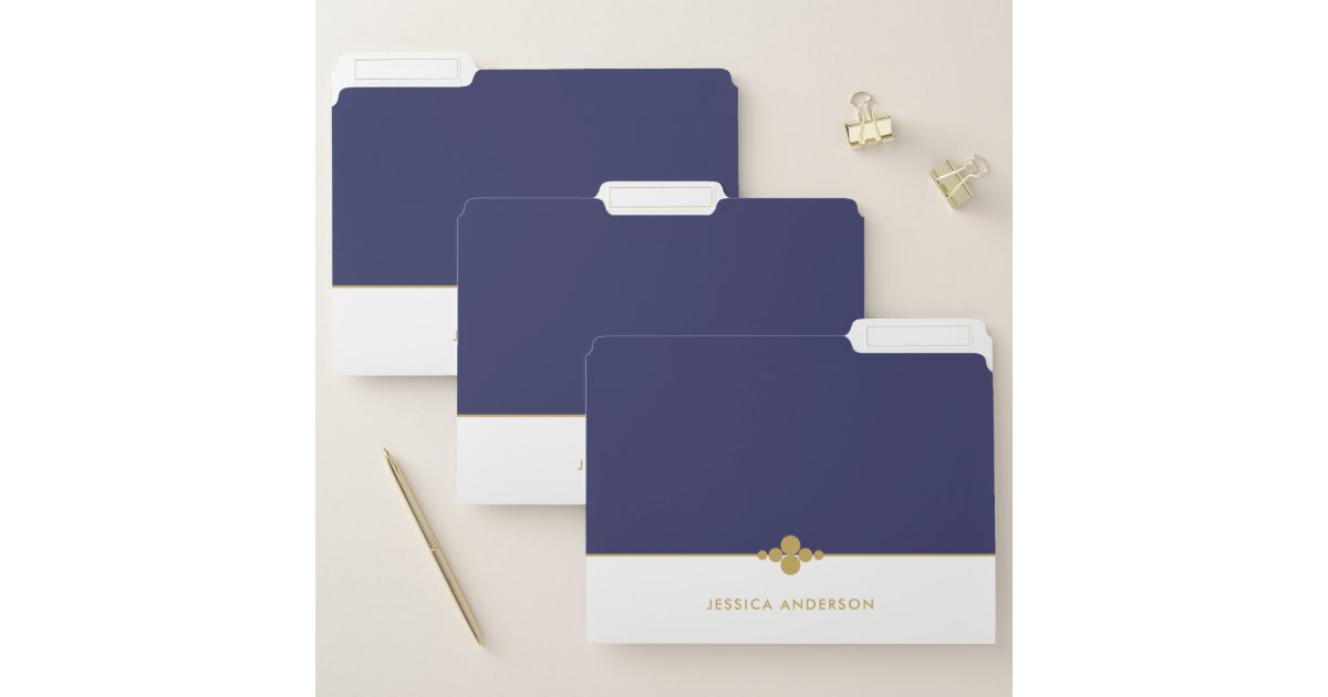 Elegant Navy Blue White Gold Name File Folder | Zazzle