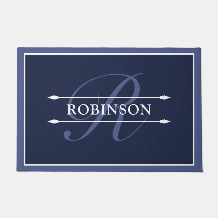 Elegant Navy Blue White Monogram & Name Doormat | Zazzle