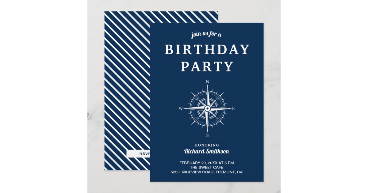 Elegant Navy Blue White Nautical Compass Birthday Invitation | Zazzle