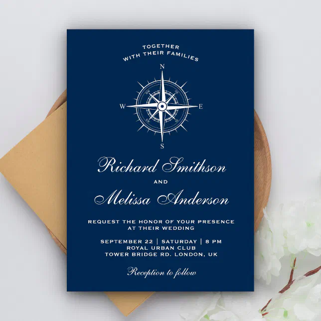 Elegant Navy Blue White Nautical Compass Wedding Invitation | Zazzle