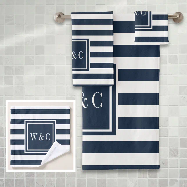 Elegant Navy Blue White Stripe Monogram Bath Towel Set | Zazzle