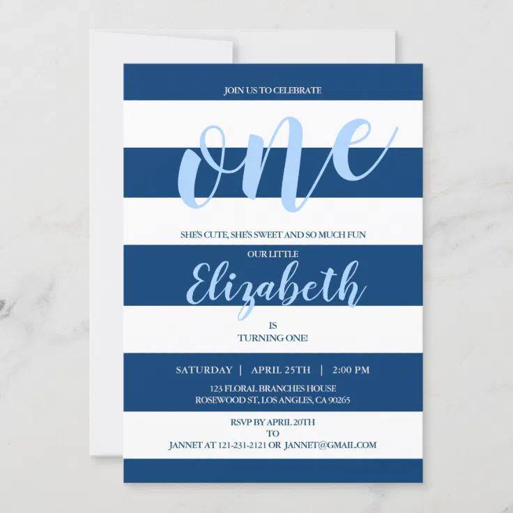 Elegant Navy Blue White Stripes Birthday Party Invitation | Zazzle