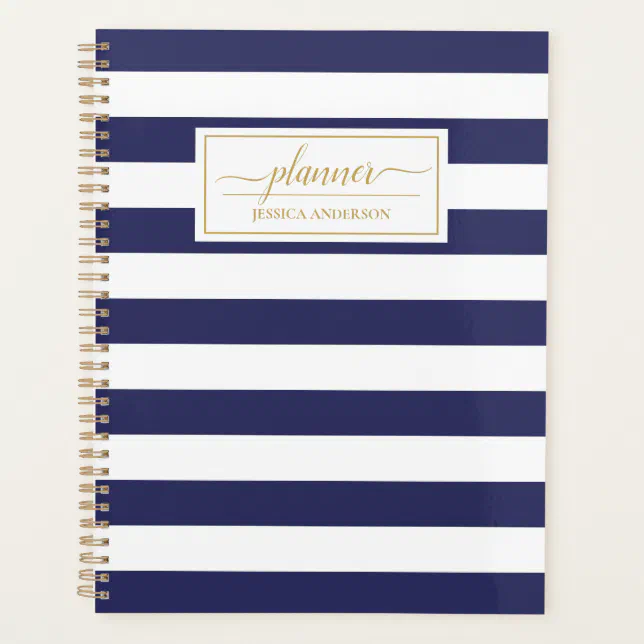 Elegant Navy Blue White Stripes Pattern Planner | Zazzle