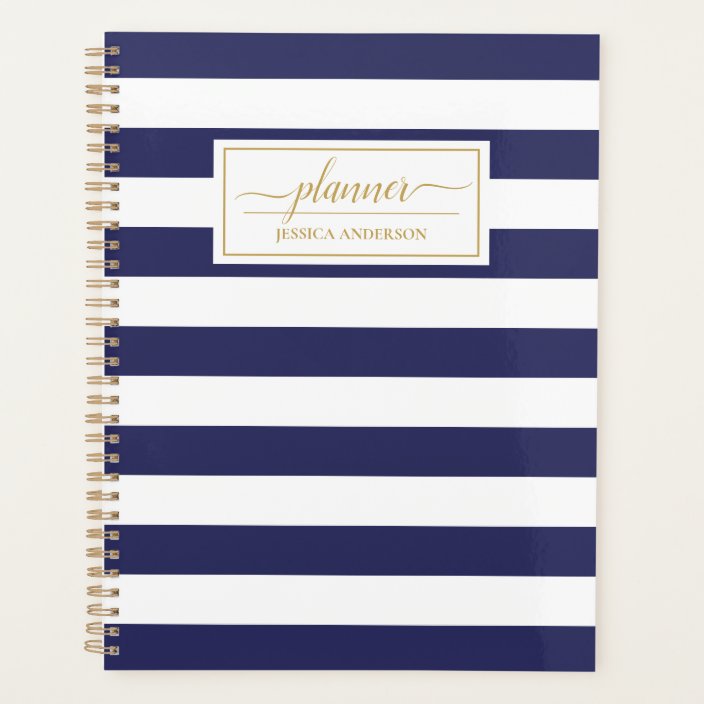 Elegant Navy Blue White Stripes Pattern Planner | Zazzle.com