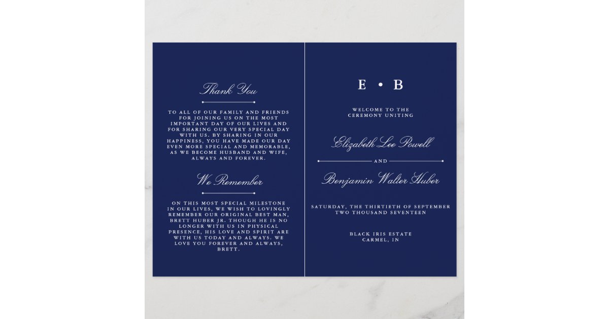Elegant Navy Blue & White Wedding Program Template | Zazzle