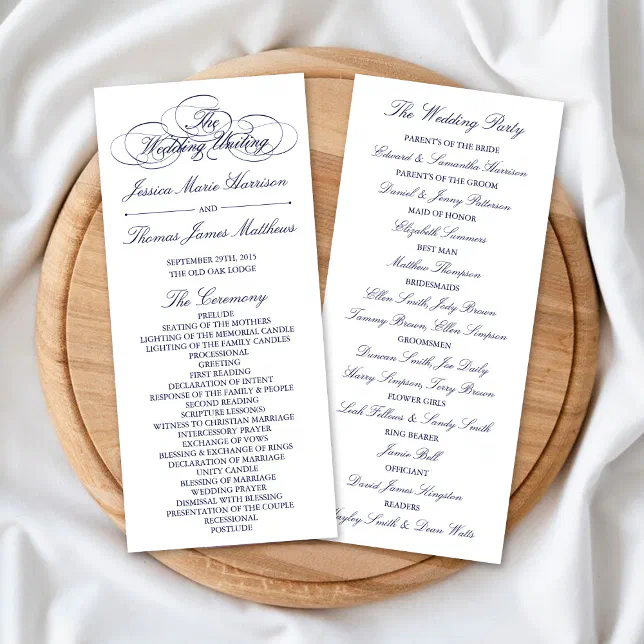 Elegant Navy Blue & White Wedding Program Template | Zazzle