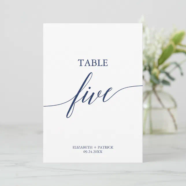 Elegant Navy Calligraphy Table Five Table Number | Zazzle