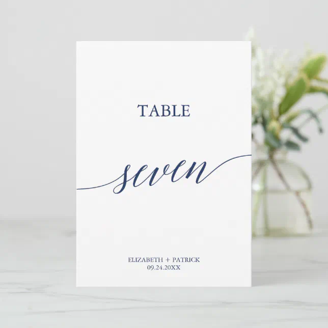 Elegant Navy Calligraphy Table Seven Table Number | Zazzle
