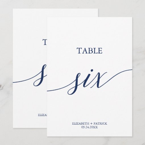 Elegant Navy Calligraphy Table Six Table Number | Zazzle