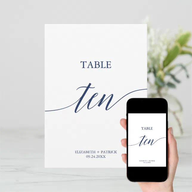 Elegant Navy Calligraphy Table Ten Table Number | Zazzle