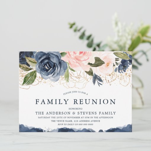 Elegant Navy Floral Gold Blush Family Reunion Invitation | Zazzle