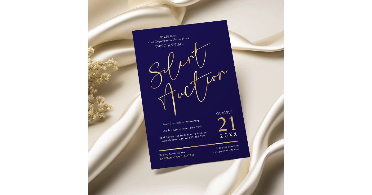 Elegant Navy & Gold Business Annual Silent Auction Invitation | Zazzle