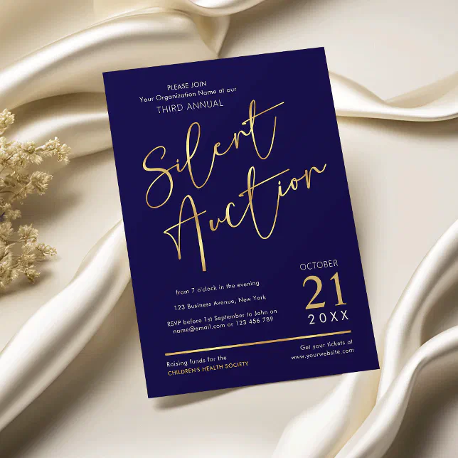 Elegant Navy & Gold Business Annual Silent Auction Invitation | Zazzle