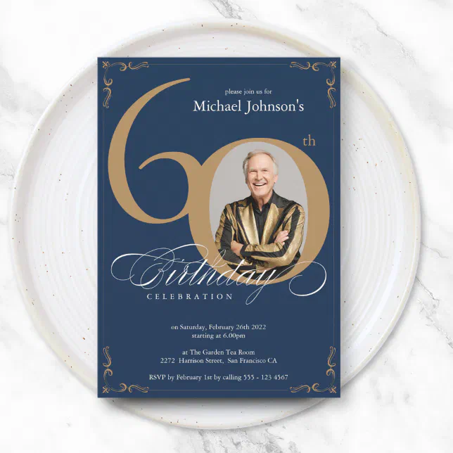Elegant Navy Gold Calligraphy Photo 60th Birthday Invitation | Zazzle