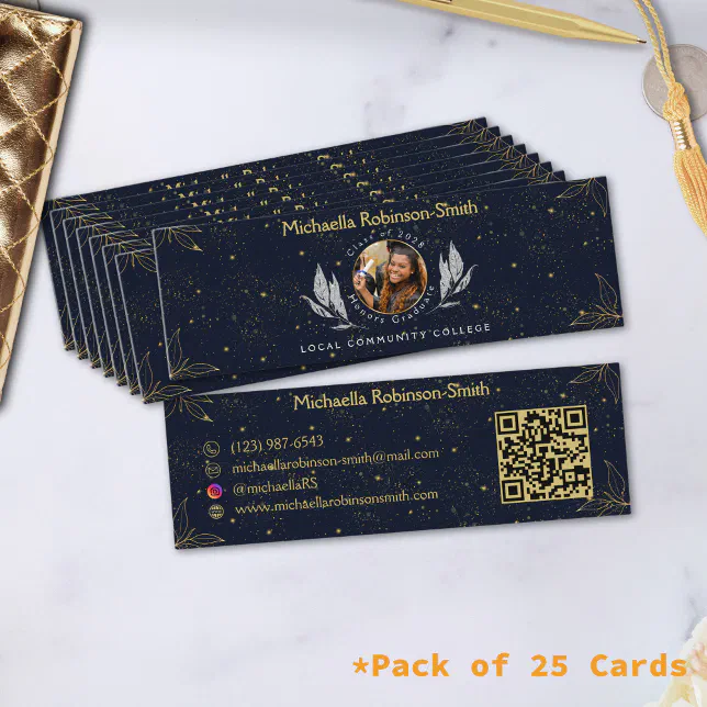 Elegant Navy Gold Graduation QR Code Calling Card | Zazzle