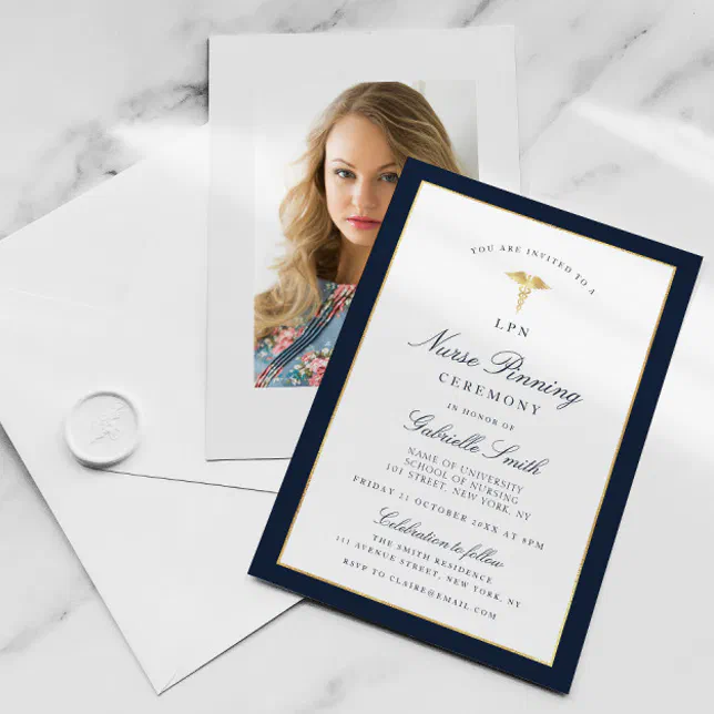 Elegant navy & gold LPN nurse pinning ceremony Invitation | Zazzle