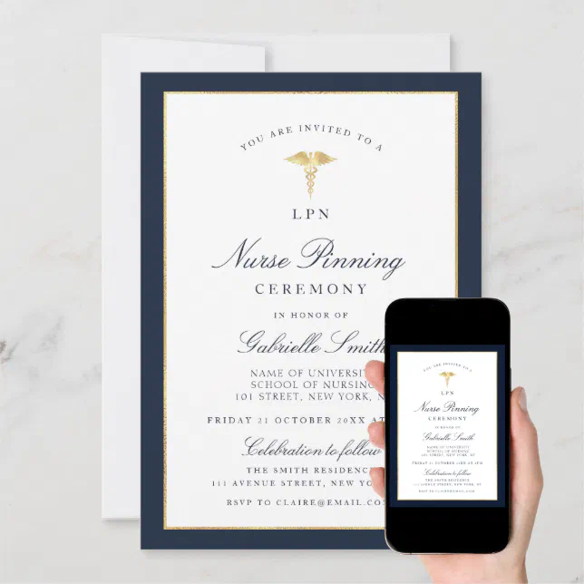 Elegant navy & gold LPN nurse pinning ceremony Invitation | Zazzle