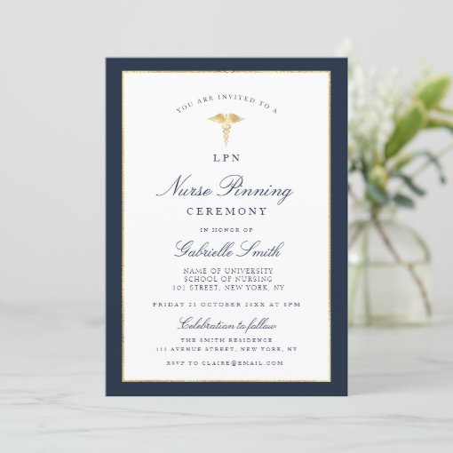 Elegant navy & gold LPN nurse pinning ceremony Invitation | Zazzle
