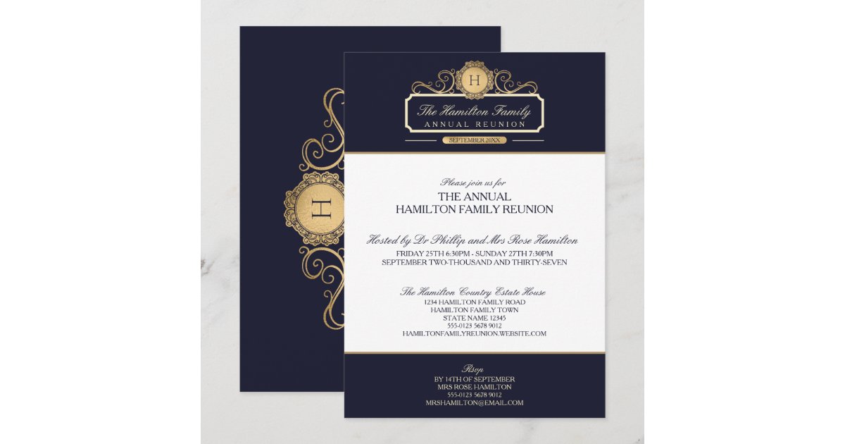 Elegant Navy Gold Monogram Annual Family Reunion Invitation | Zazzle
