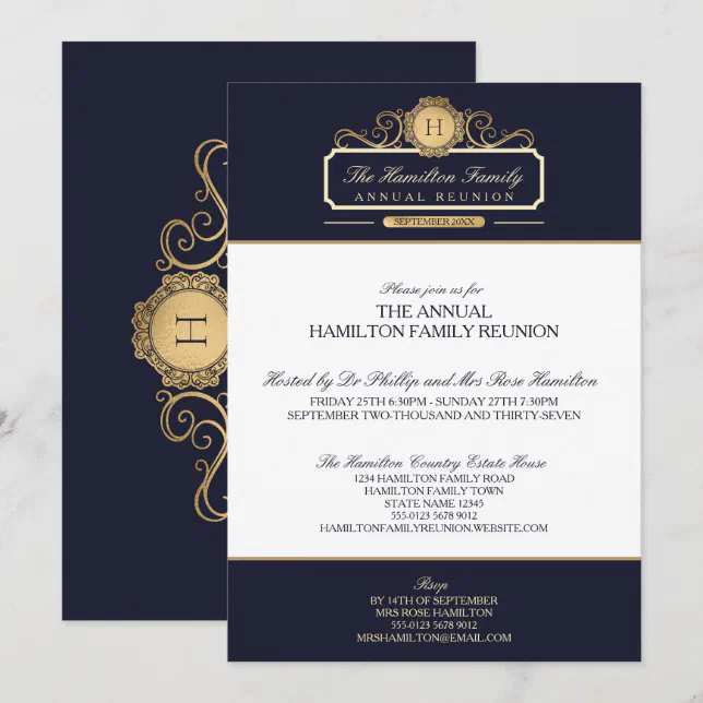 Elegant Navy Gold Monogram Annual Family Reunion Invitation | Zazzle