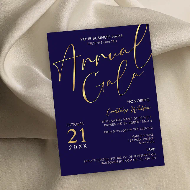 Elegant Navy & Gold Script Business Annual Gala Invitation | Zazzle