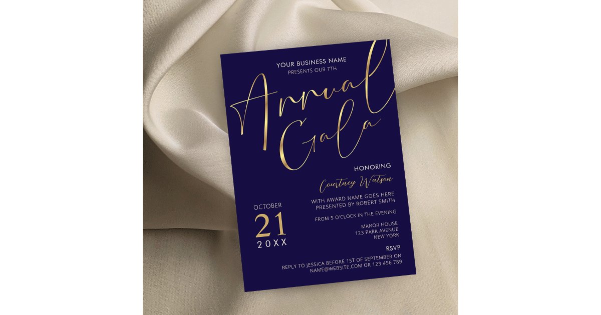 Elegant Navy & Gold Script Business Annual Gala Invitation | Zazzle