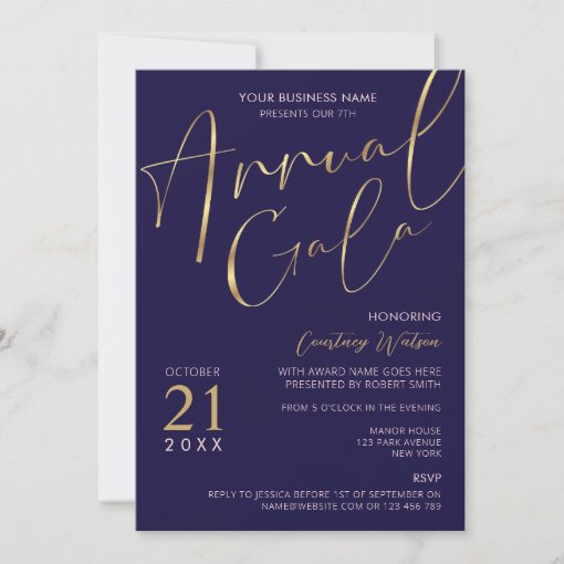 Elegant Navy & Gold Script Business Annual Gala Invitation | Zazzle