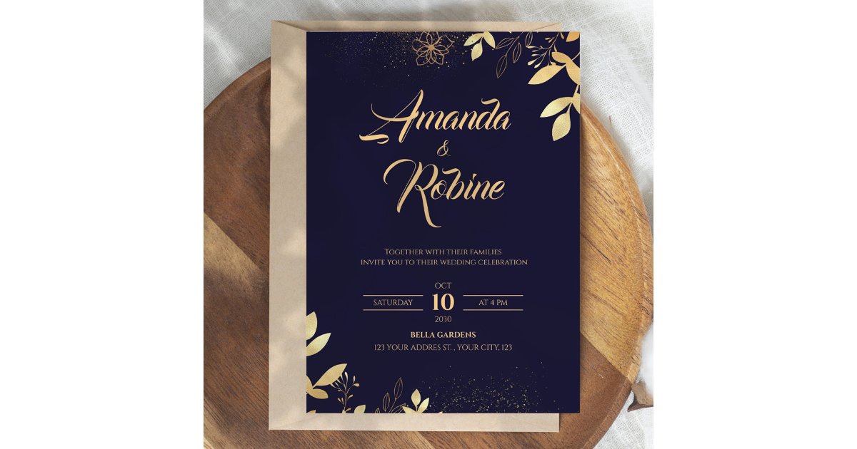 Elegant Navy & Gold Wedding Invitation | Zazzle
