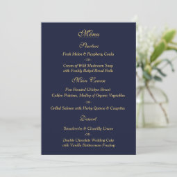 Elegant Navy Gold Wedding Menu Card | Zazzle