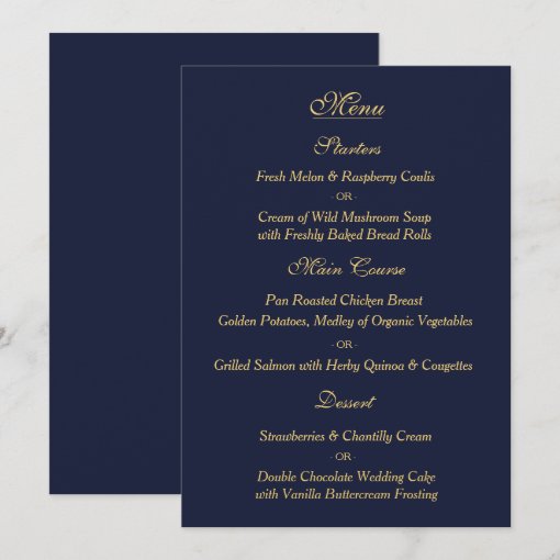 Elegant Navy Gold Wedding Menu Card | Zazzle