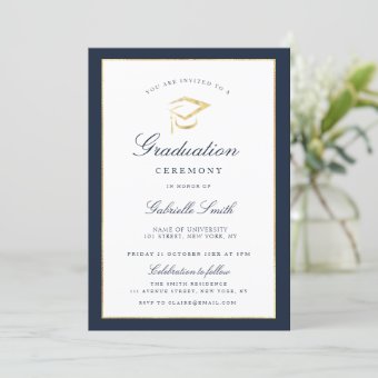 Elegant navy & graduation ceremony invitation | Zazzle