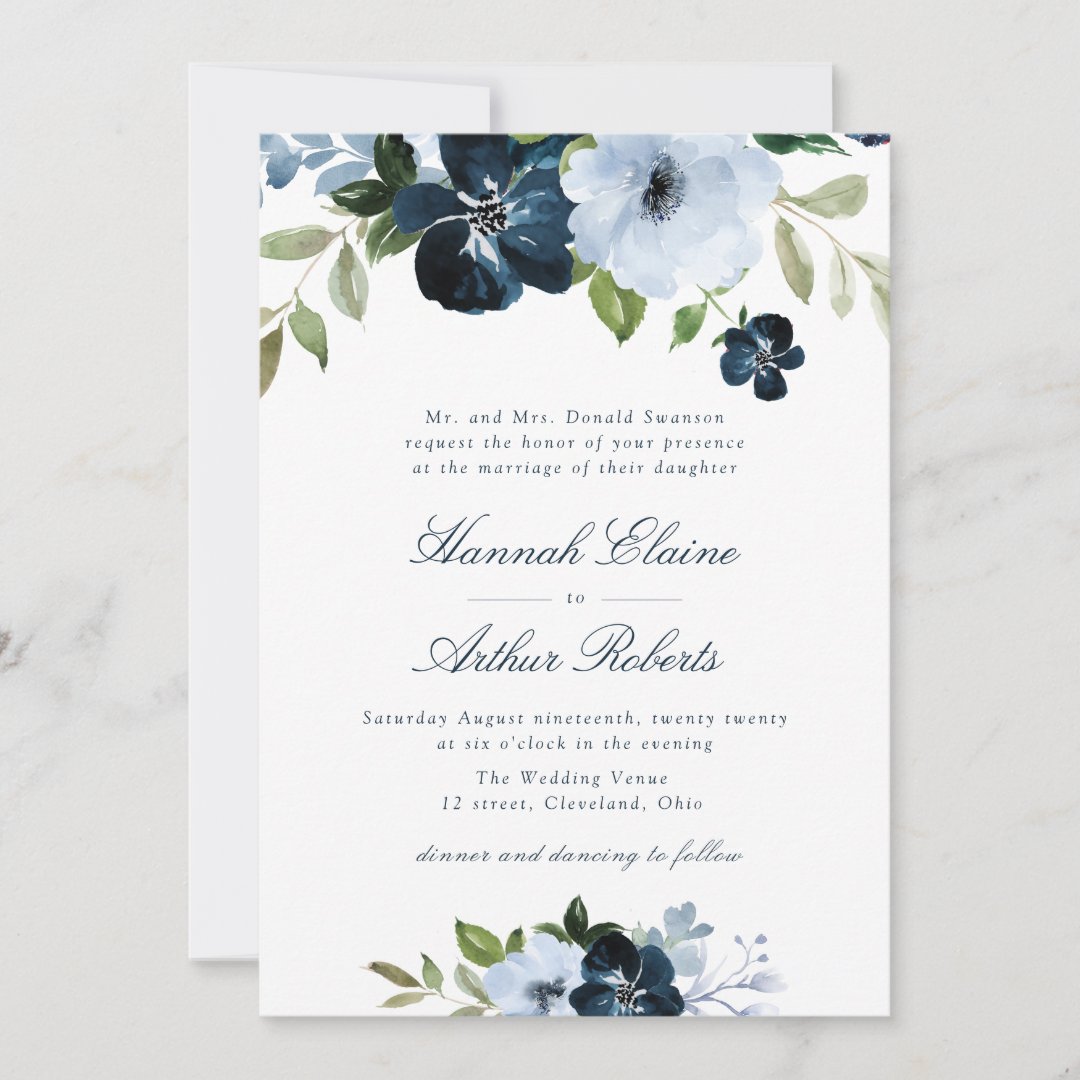 elegant navy & light blue floral wedding invitation | Zazzle